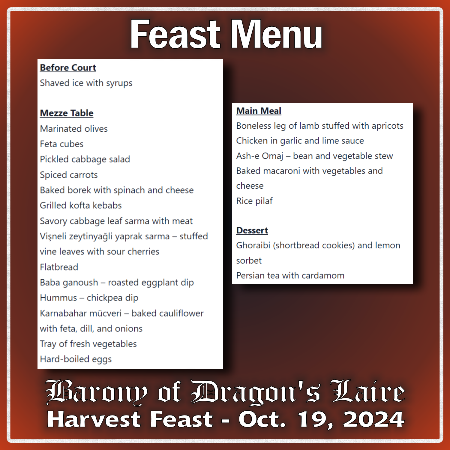 The menu for Harvest Feast 2024 is out! - The Barony of Dragon's Laire